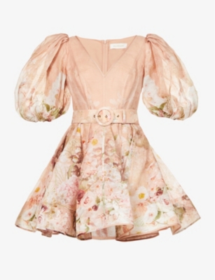 ZIMMERMANN - Dancer puff-sleeved silk and linen-blend mini dress ...