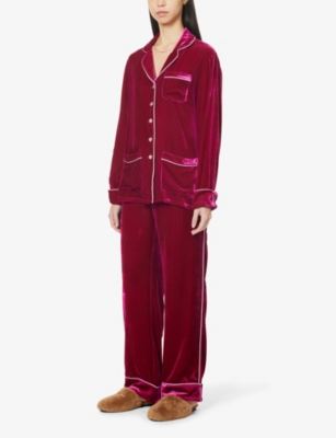 Olivia Von Halle Coco Piped Velvet Pajama Set In Berry | ModeSens