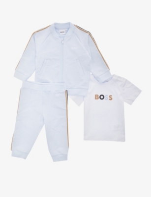 Hugo Boss Babies' Boss Pale Blue Side-stripe Logo-print Three-piece ...