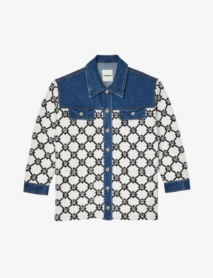 SANDRO - Monogram-intarsia tweed-knit and denim jacket | Selfridges.com