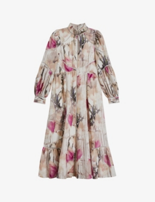 TED BAKER - Freisya floral-print cut-out linen midi dress | Selfridges.com