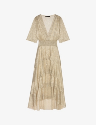 MAJE - Ruffino metallic tiered-hem woven midi dress | Selfridges.com
