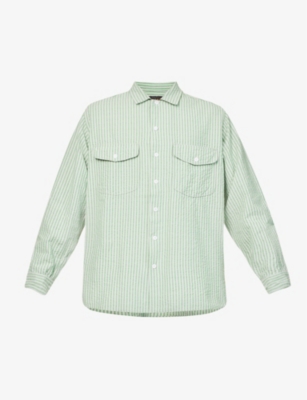 Beams Plus Mens Green Work Stripe-print Cotton-blend Shirt | ModeSens