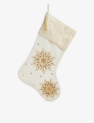 SELFRIDGES EDIT - Floral-beaded woven Christmas stocking 50cm ...