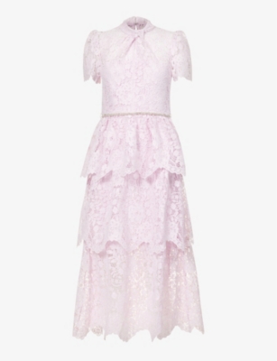 SELF-PORTRAIT - Short-sleeve tiered lace midi dress | Selfridges.com