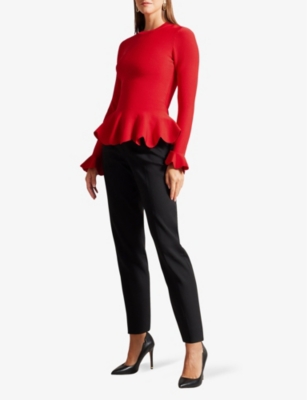 Ted Baker Womens Brt Red Lillyyy Peplum Hem Long Sleeve Stretch Knit