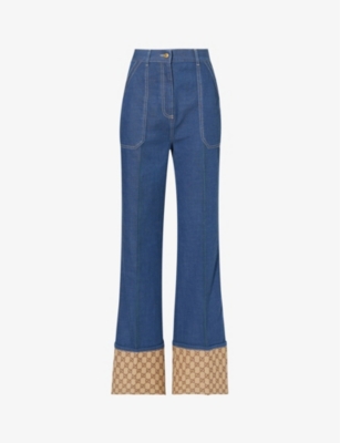 Gucci Monogram Cuff Jeans Female Blue In Blue/mix | ModeSens