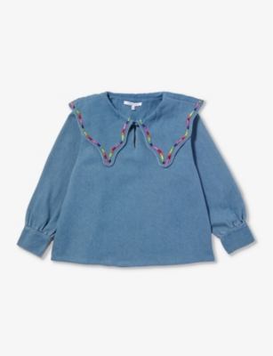 Olivia Rubin Girls Blue Kids Embroidered-collar Flared-hem Denim Shirt 2-13 Years | ModeSens