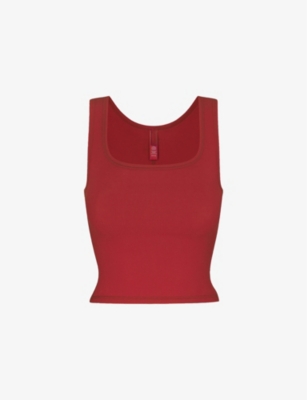 Skims Womens Brick Ribbed Stretch-cotton Tank Top In Red | ModeSens