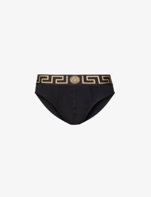 Versace Mens Black Gold Greek Key Logo-waistband Stretch-cotton Briefs ...