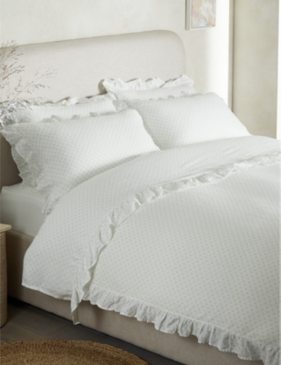 THE WHITE COMPANY - Dorit block-print ruffle-trim cotton flat sheet ...