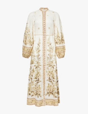 ZIMMERMANN - Floral-pattern tie-waist linen midi dress | Selfridges.com