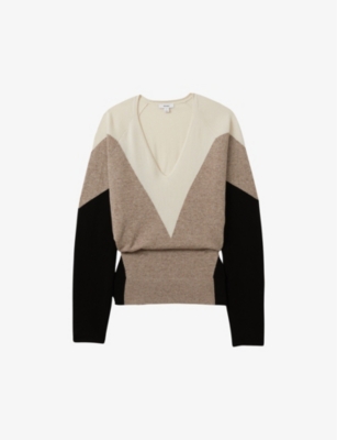 REISS - Esme V-neck colour-block wool and cashmere-blend jumper ...