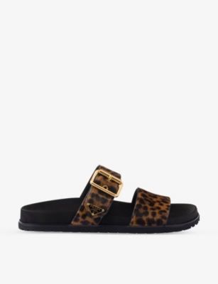 PRADA - Leopard-print buckled leather sliders | Selfridges.com