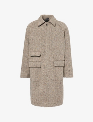 DRAKES - Herringbone-print raglan-sleeves relaxed-fit wool coat ...