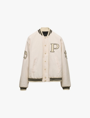 PRADA - Text-appliqué triangle-patch cotton bomber jacket | Selfridges.com