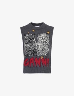 GANNI - Cats logo-embroidered knitted wool-blend vest | Selfridges.com