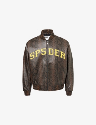 SP5DER - Snake-print logo text-patch faux-leather varsity jacket ...