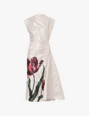 ERDEM - Draped Floral-Print Crinkle-Crepe Midi Dress | Selfridges.com