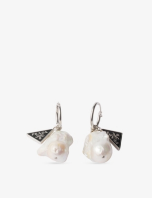 PRADA - Brand-Plaque Metal And Pearl Drop Earrings | Selfridges.com