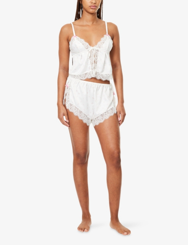 LOUNGE UNDERWEAR - Floral-Print Lace-Trim Satin Pyjama Top | Selfridges.com
